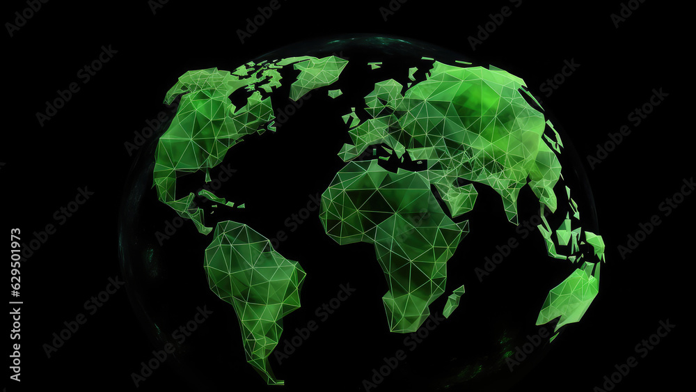 3d World map network connection glowing polygonal triangle neon lines ...