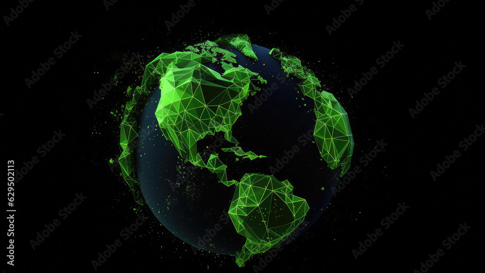 3d World map network connection glowing polygonal triangle neon lines ...