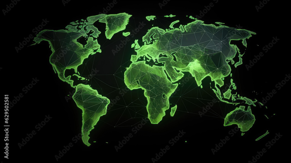 3d World map network connection glowing polygonal triangle neon lines ...