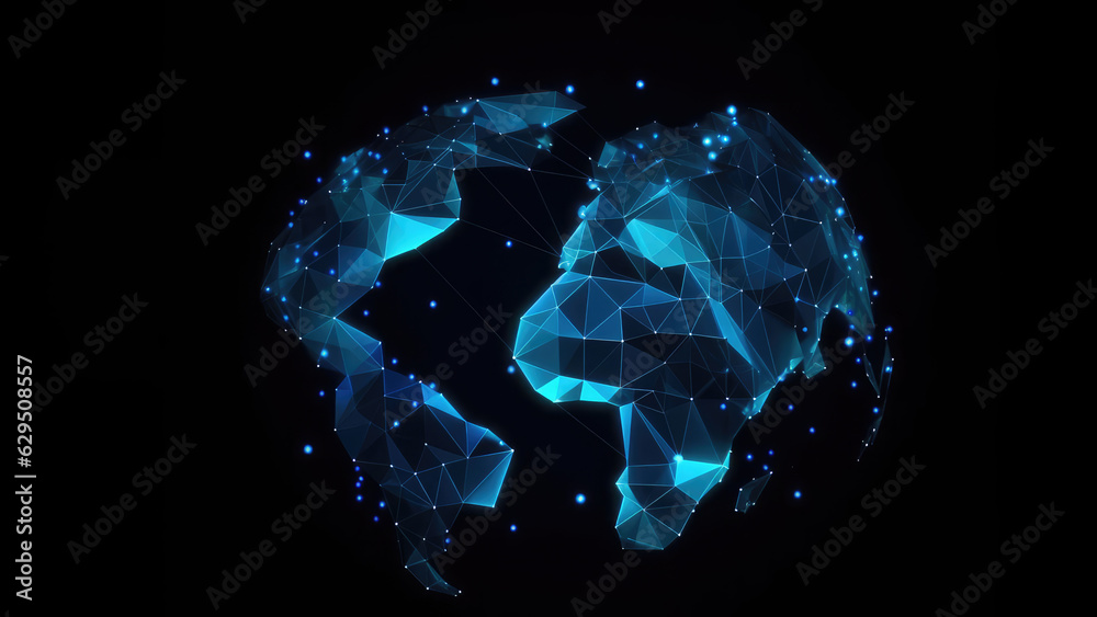 3d World map network connection glowing polygonal triangle neon lines ...