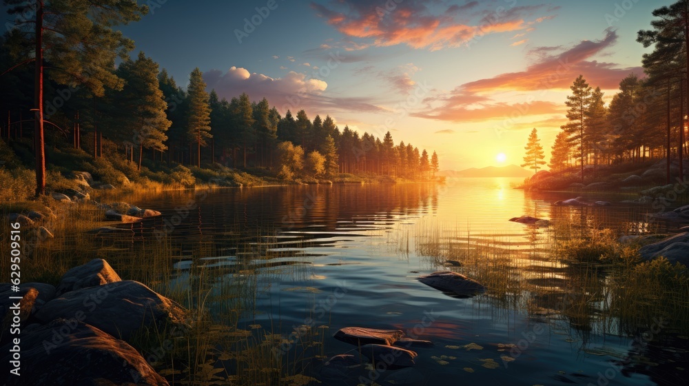 Beautiful sunset over a lake with small waves. A forest of pine and ...