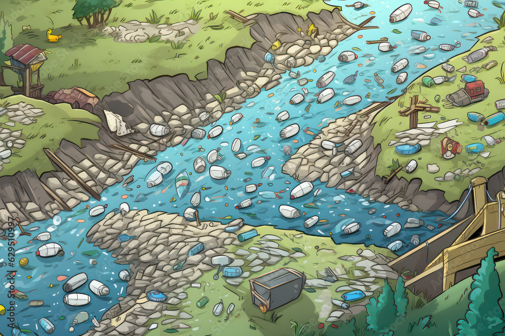 Cartoon illustration of plastic pollution in rivers. Stock Illustration ...