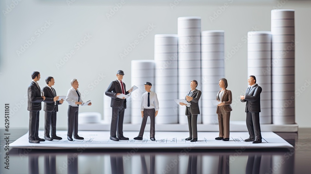 Group of businessmen stands next to business graph chart. Miniatures ...