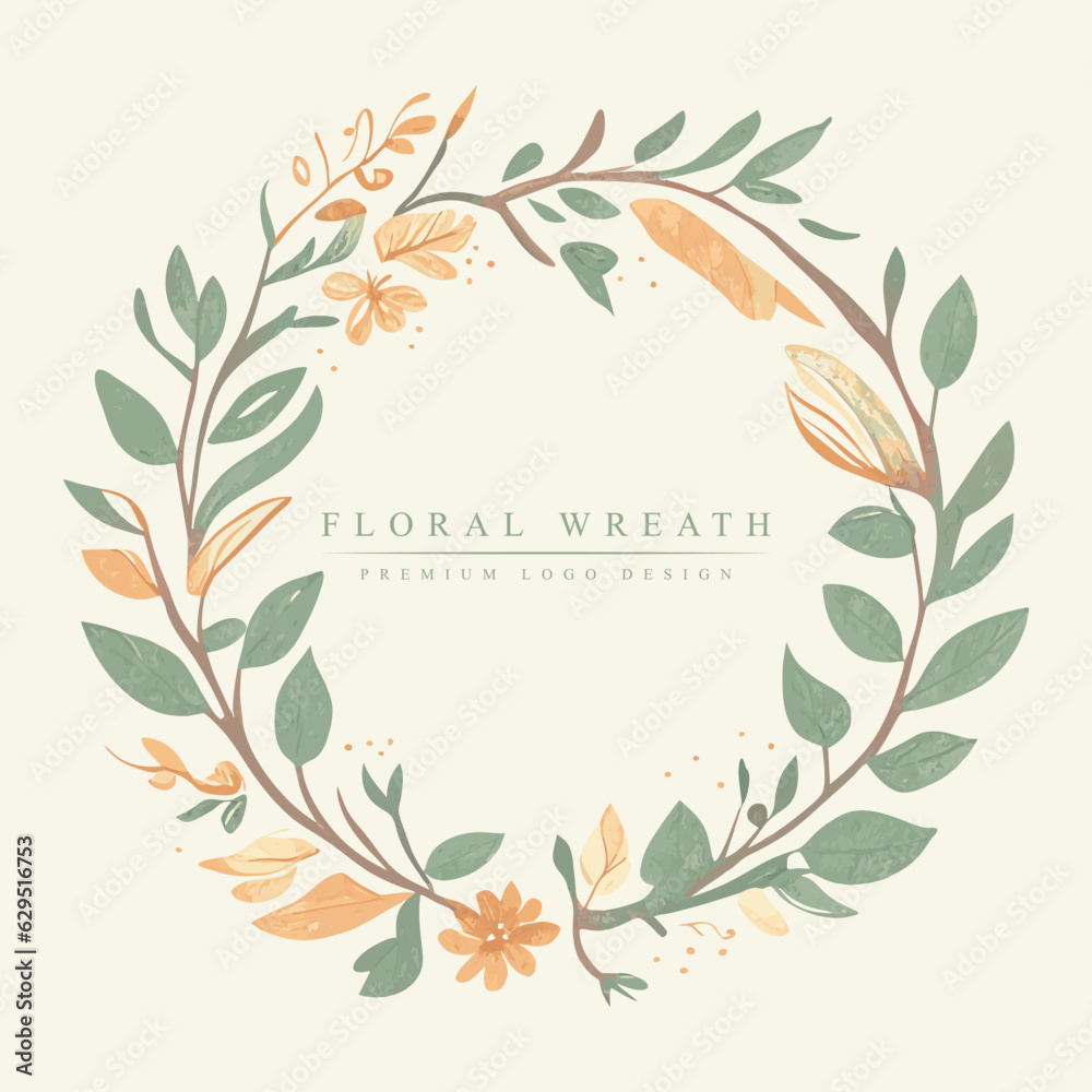 Vector floral hand drawn logo wreath in minimal style on flat ...