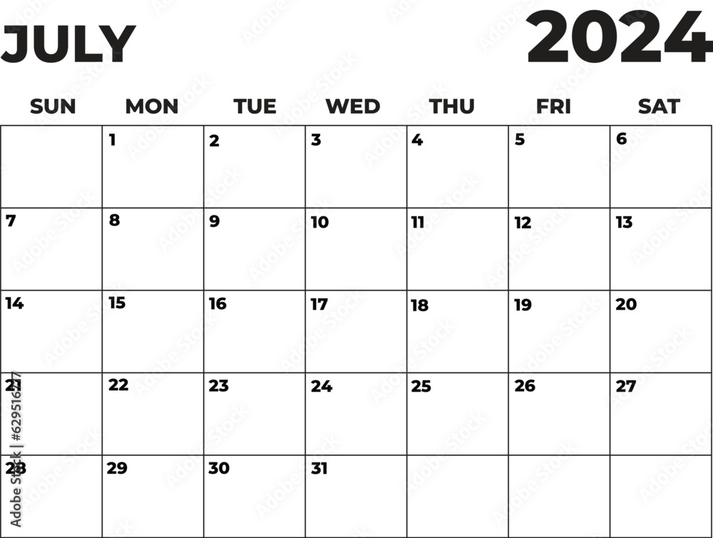 July 2024 Black and White Sunday Start Landscaped Monthly Planner ...