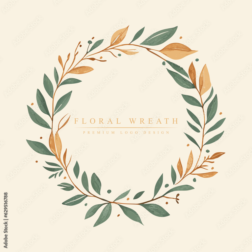 Vector floral hand drawn logo wreath in minimal style on flat ...