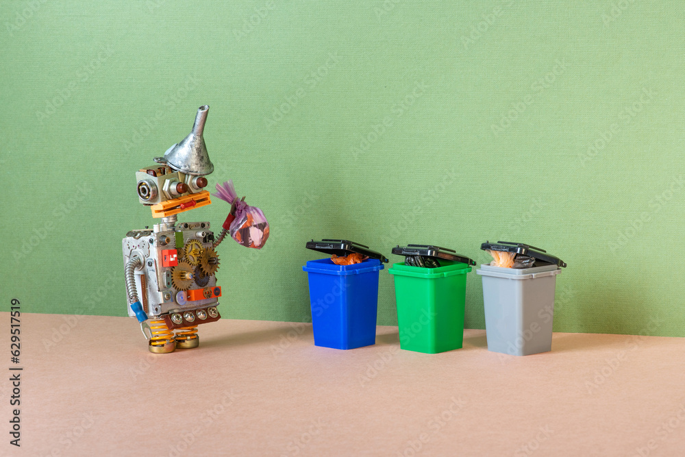 Garbage overflow concept. The robot holds a bag of garbage in its hand ...