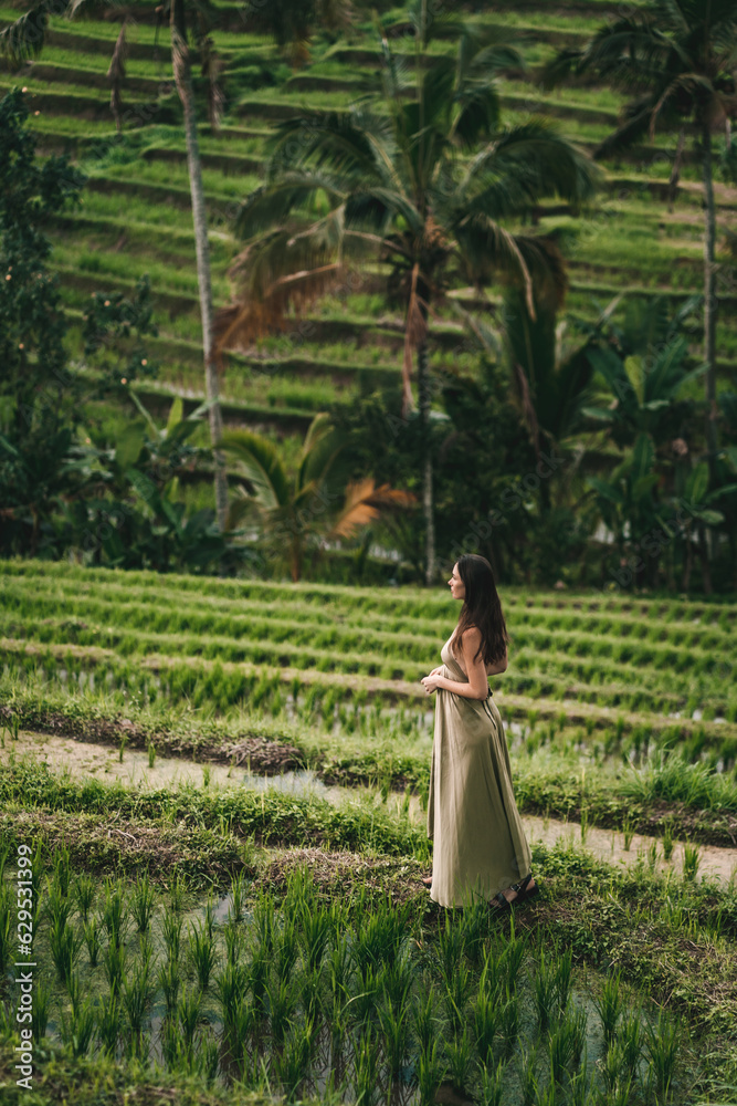 Beautiful girl in green dress walking on rice terrace. Elegant lady ...