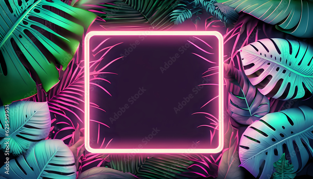 abstract background with frame, neon frame surrounded by tropical ...