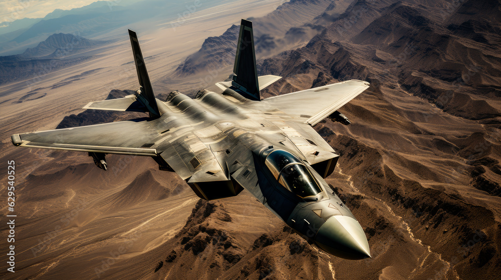 Aerial high view of a generic military fighter jet crosses over a ...