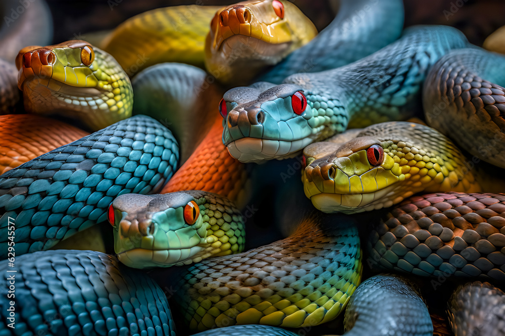 multiple snake face in multi color only packed together and straight ...