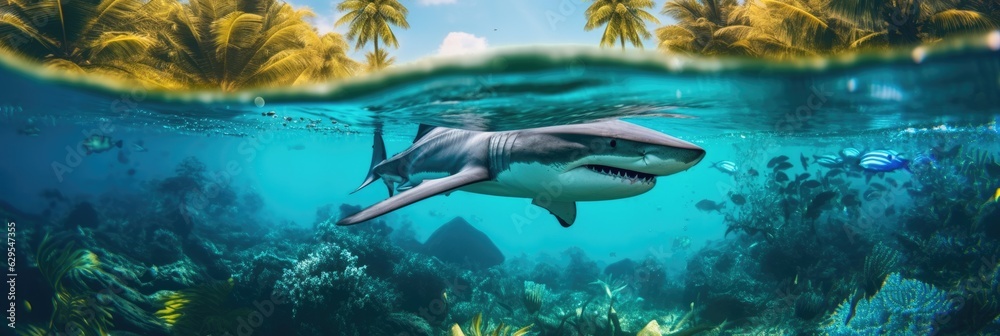 underwater and surface world. sharks against the backdrop of a vibrant ...