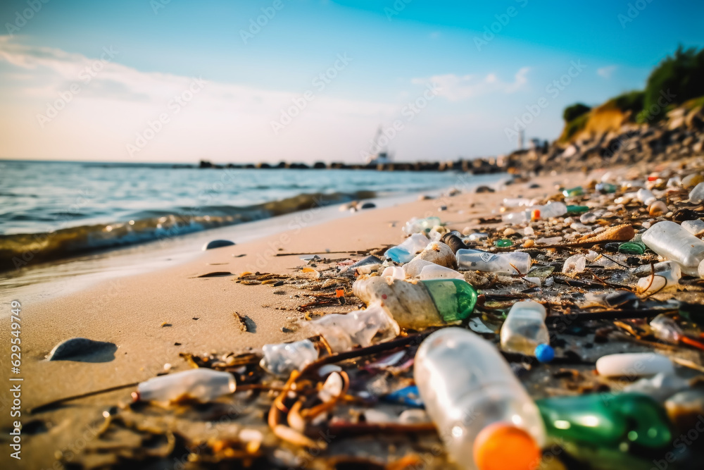 Plastic waste on the beach - pollution issue, microplastics ...