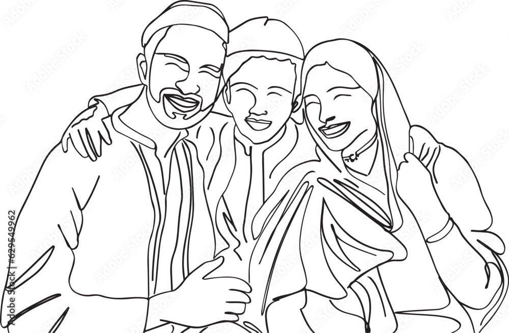Muslim Parents and Son in Traditional Attire: One-Line Cartoon Art ...