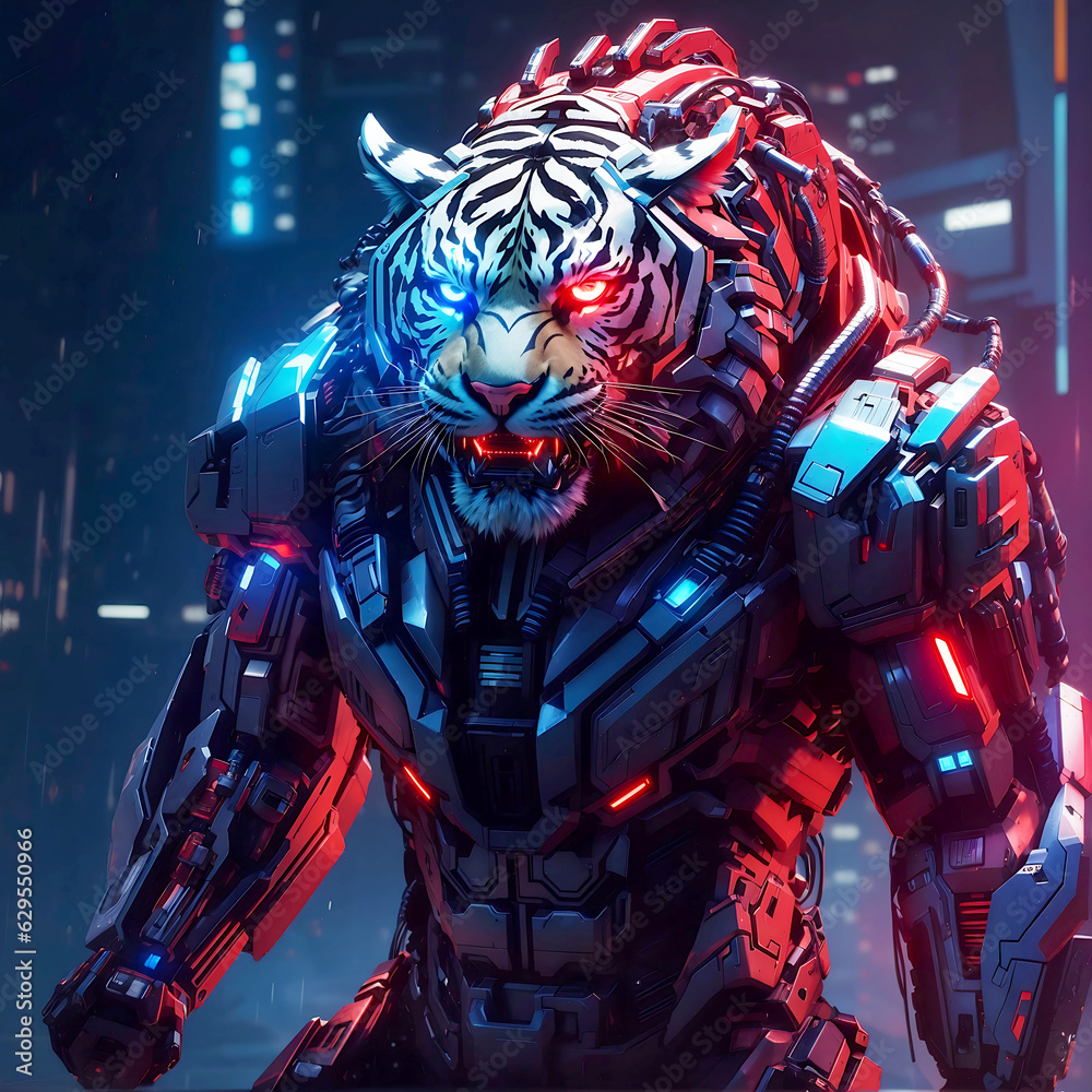This photorealistic cyberpunk tiger is a powerful and menacing creature ...