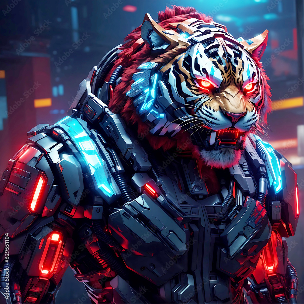 This photorealistic cyberpunk tiger is a powerful and menacing creature ...