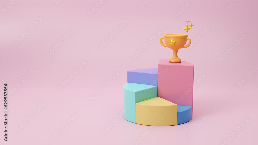 3D illustration of trophy placed on top of pie graph, Business success ...