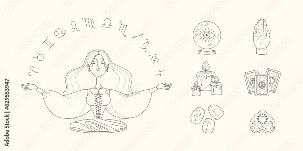 Magic and fortune telling set. Cartoon illustration of a beautiful girl ...