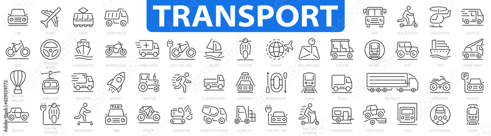 Transport icon set. Air, Auto, Moto, Railway Transport icons. Car, bike ...