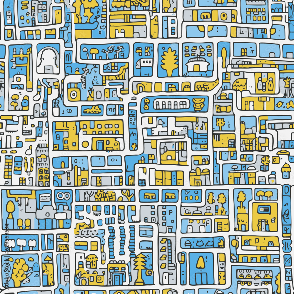 Cartoon city map with houses, streets and trees. Blue, yellow and white ...