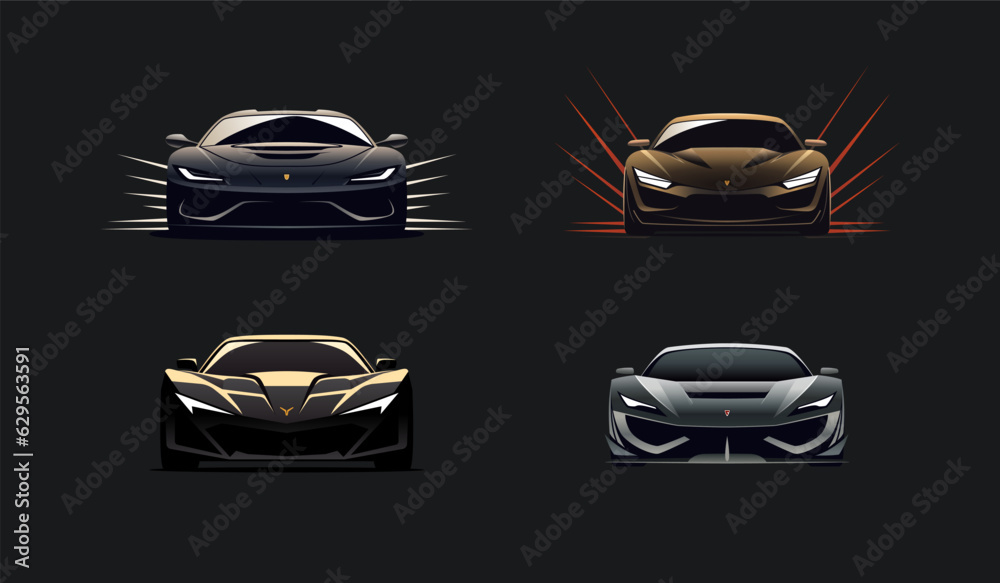 Front view sports car logo icon set on dark background. Sports luxury ...