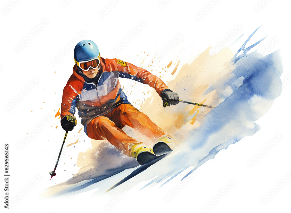 Watercolor illustration of a skier racer coming fast across the side of ...