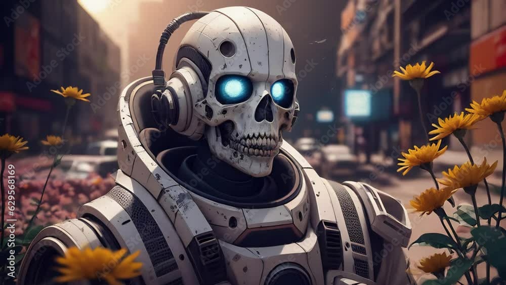 Undead astronaut in a spacesuit with flowers, surrealistic animation ...