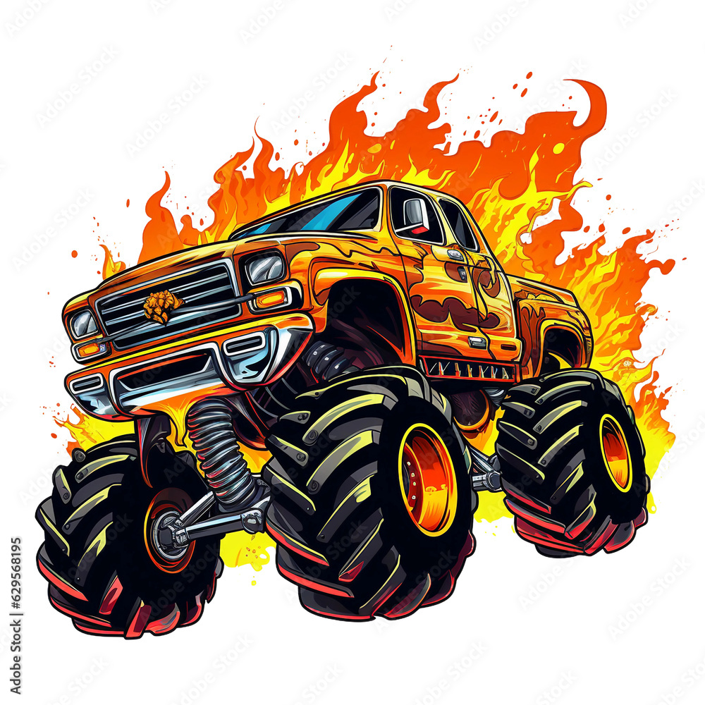 a yellow monster truck with red yellow burning fire effect in the ...