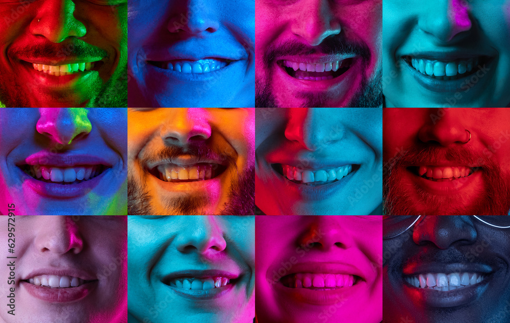 Collage with close up male and female faces, noses and smiling broadly ...