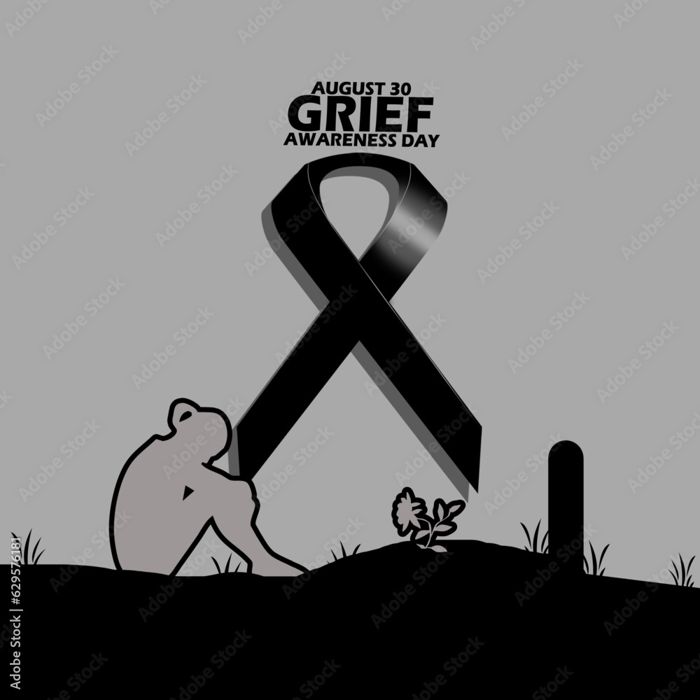 Illustration of a grieving child sitting in front of a grave with a ...