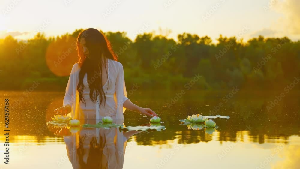fantasy woman river nymph greek goddess stands in lake, hand gently ...