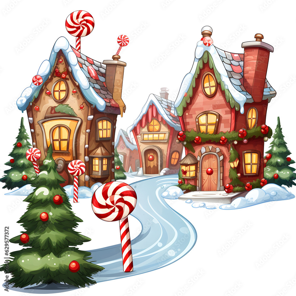 Cartoon clipart of a candy cane lane with cute houses Stock ...