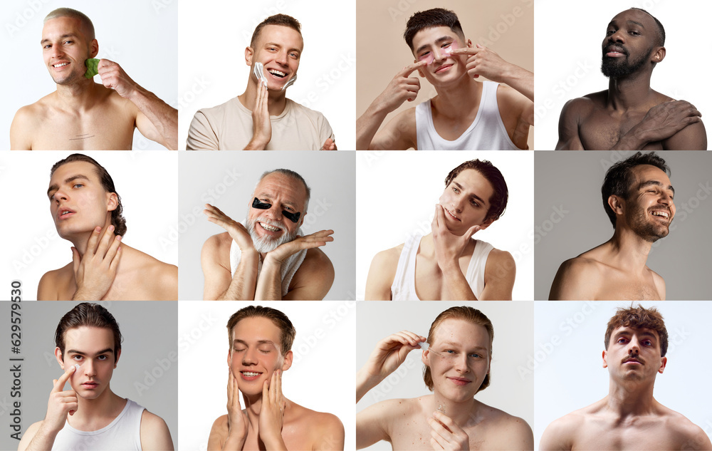 Collage made of different men of diverse age and nationality taking ...