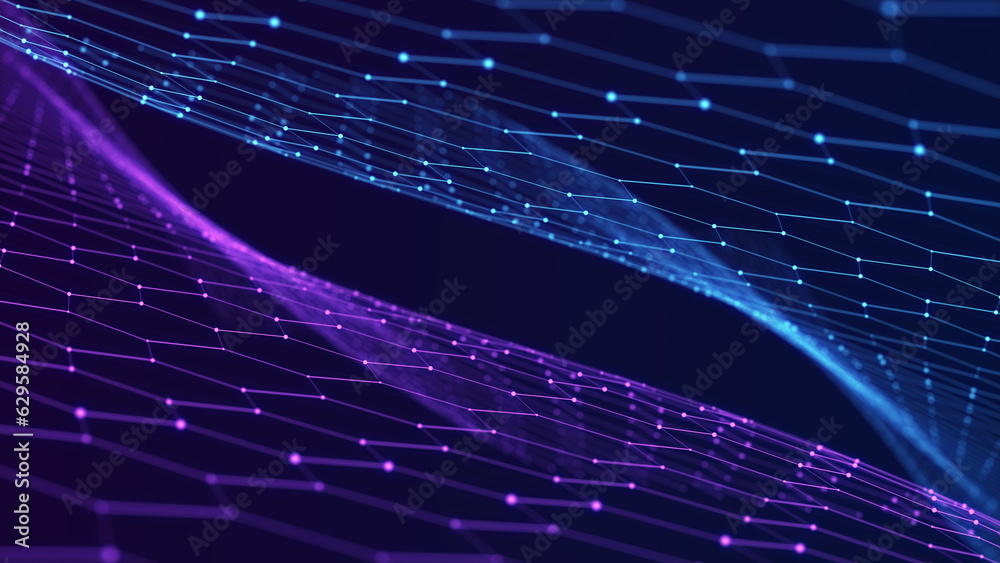 Particle stream. Purple background with many glowing particles ...