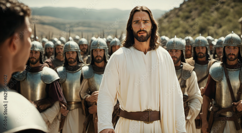 jesus christ in white clothes between roman soldiers staying beeing ...