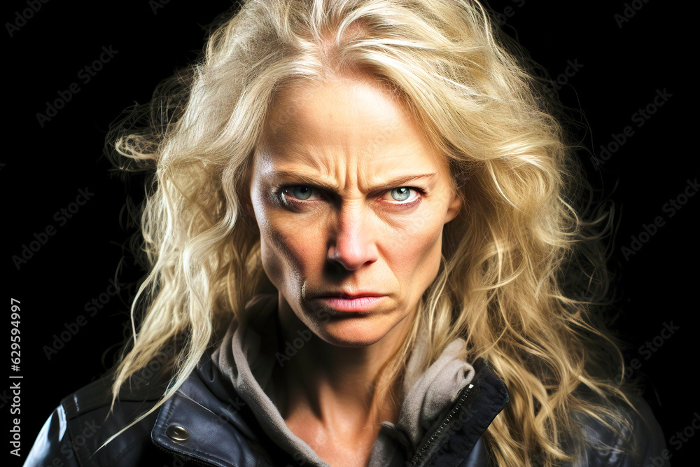 Frontal portrait of a blond older woman in a leather jacket with a grim ...