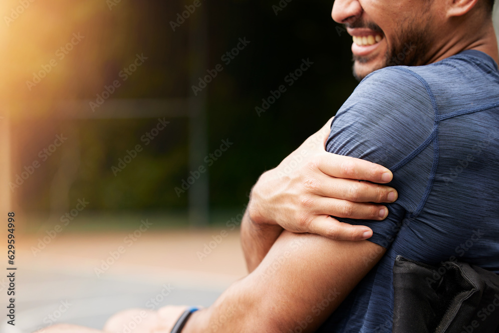 Fitness, closeup or man with shoulder pain, injury or exercise and ...