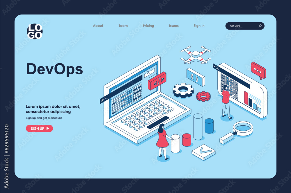 DevOps concept in 3d isometric design for landing page template. People ...