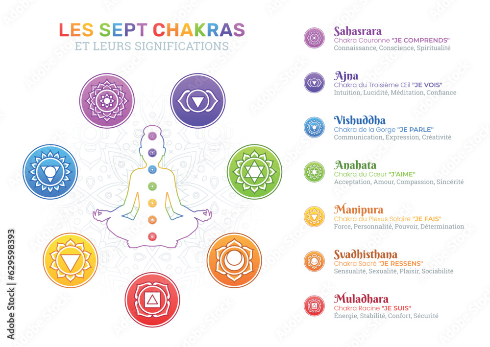 Les Sept Chakras et leurs significations Stock Vector | Adobe Stock