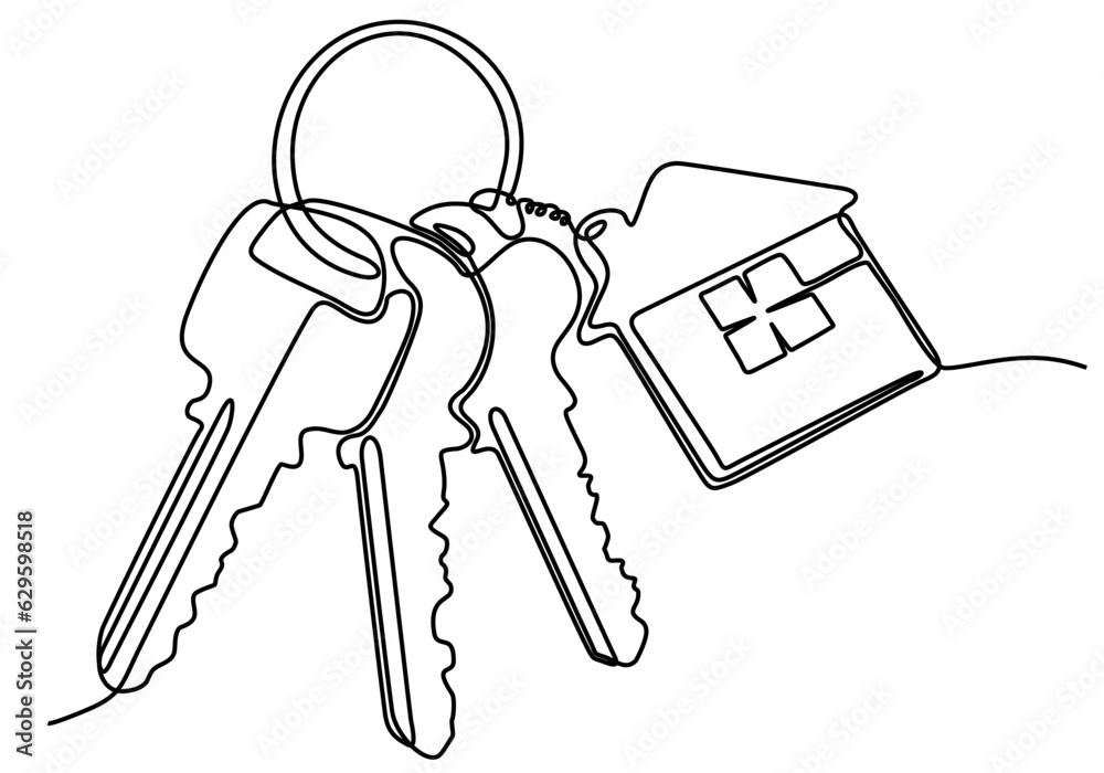 continuous line drawing of House keys with house shaped keychain, Real ...