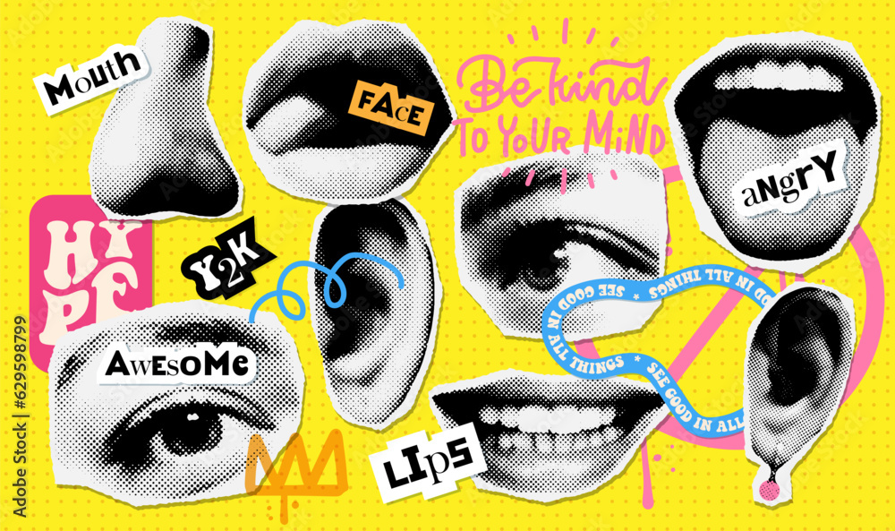 90s Punk style collage elements of face parts set. Eyes, nose, lips and ...