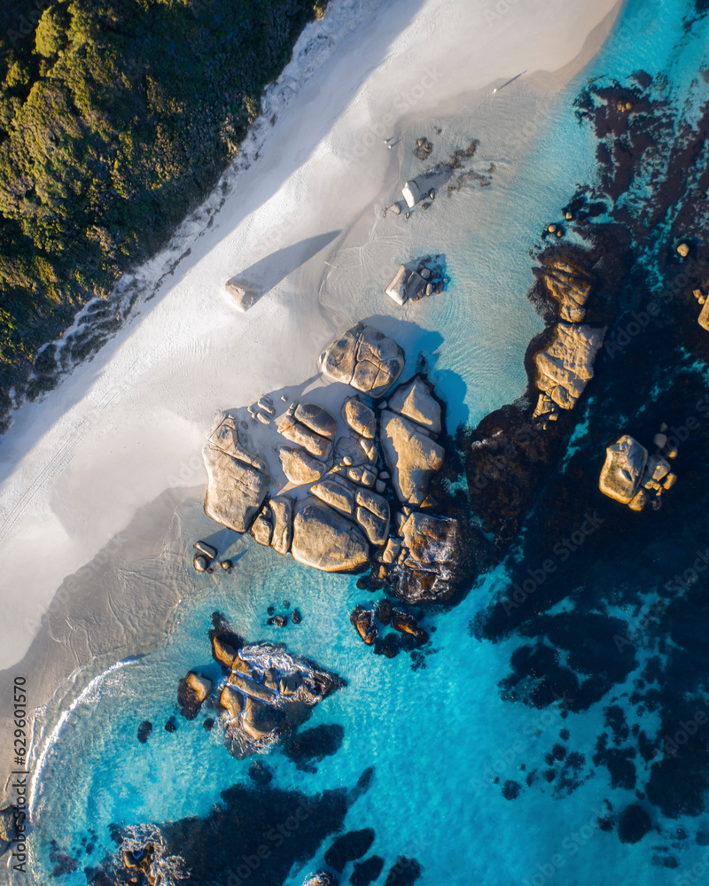 Aerial view of beach along the coastline at William Bay National Park ...