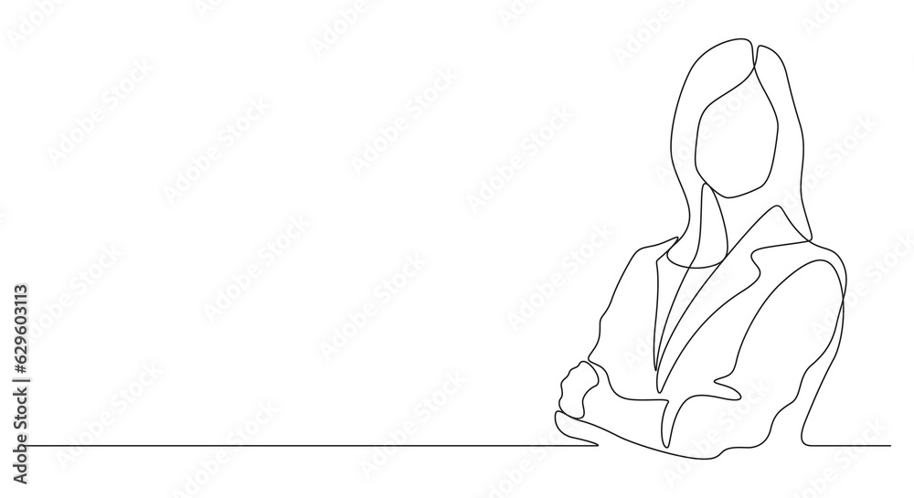 continuous line drawing of long hair woman leader arms crossed pose ...