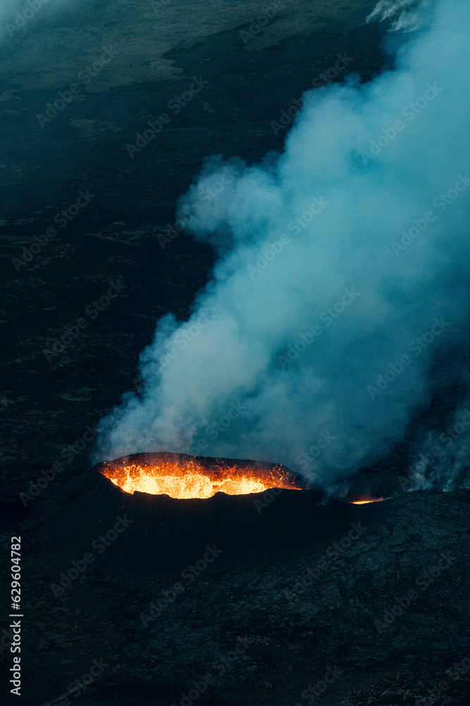 Aerial view of Litli-Hrutur (Little Ram) Volcano during an eruption on ...