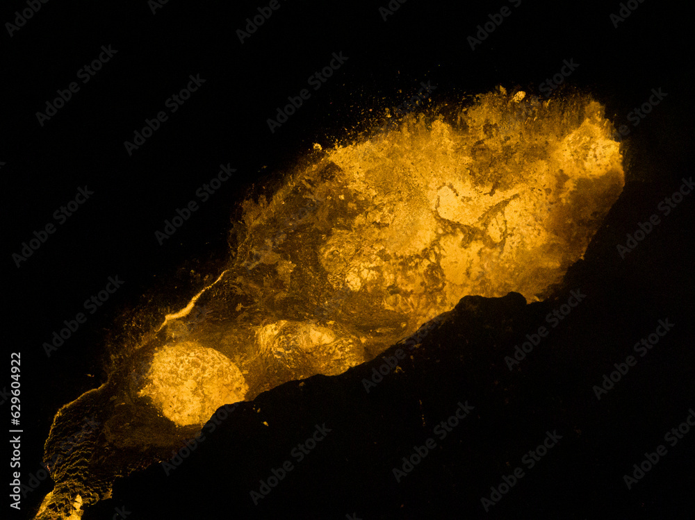 Aerial view of Litli-Hrutur (Little Ram) Volcano during an eruption on ...