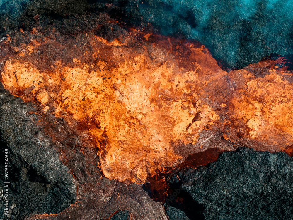 Aerial view of Litli-Hrutur (Little Ram) Volcano during an eruption on ...