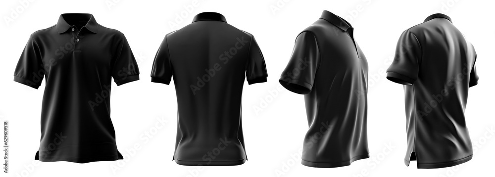 Set of black front, back and side view collar polo tee shirt on ...