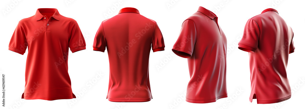 Set of red front, back and side view collar polo tee shirt on ...