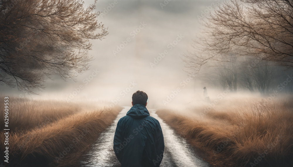 Person walking in the fog. Image depicting a person dealing with ...