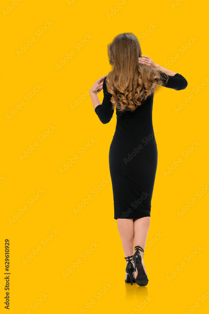 Full length back view of young slim woman in black dress posing in ...